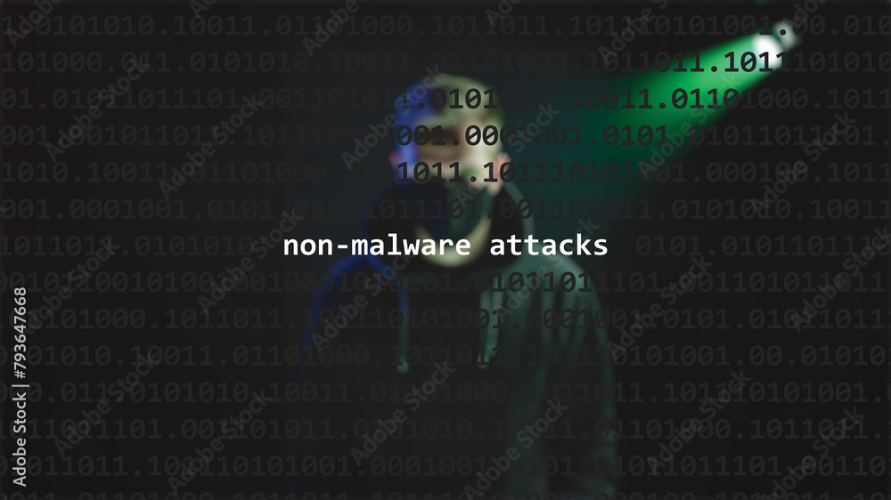 Cyber attack non-malware attacks text in foreground screen, anonymous hacker hidden with hoodie ...