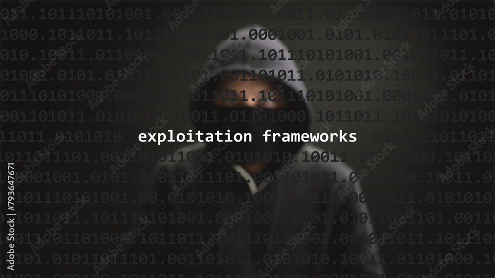 Cyber attack exploitation frameworks text in foreground screen, anonymous hacker hidden with ...