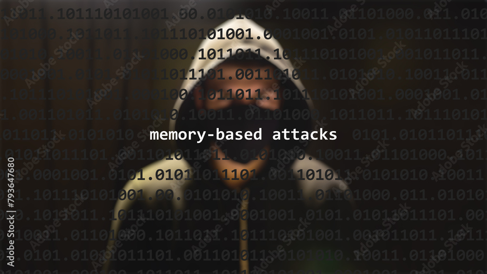 Cyber attack memory-based attacks text in foreground screen, anonymous hacker hidden with hoodie ...