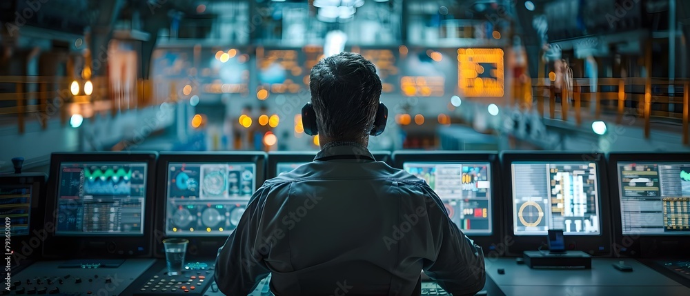 Worker in nuclear plant control room operating control panels at desk ...