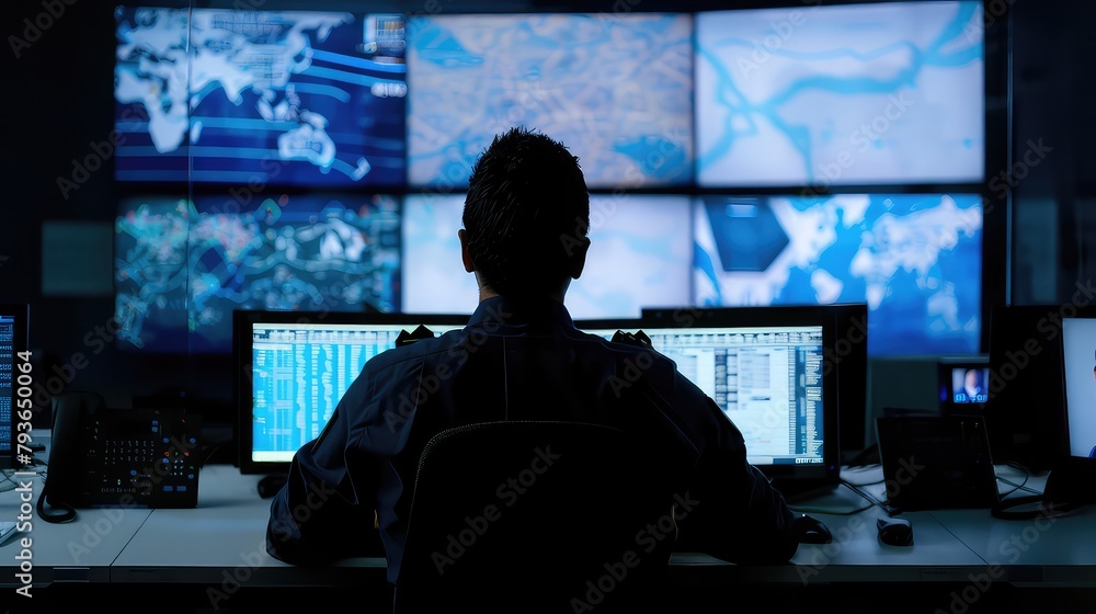 Network operations center with technicians monitoring network traffic ...