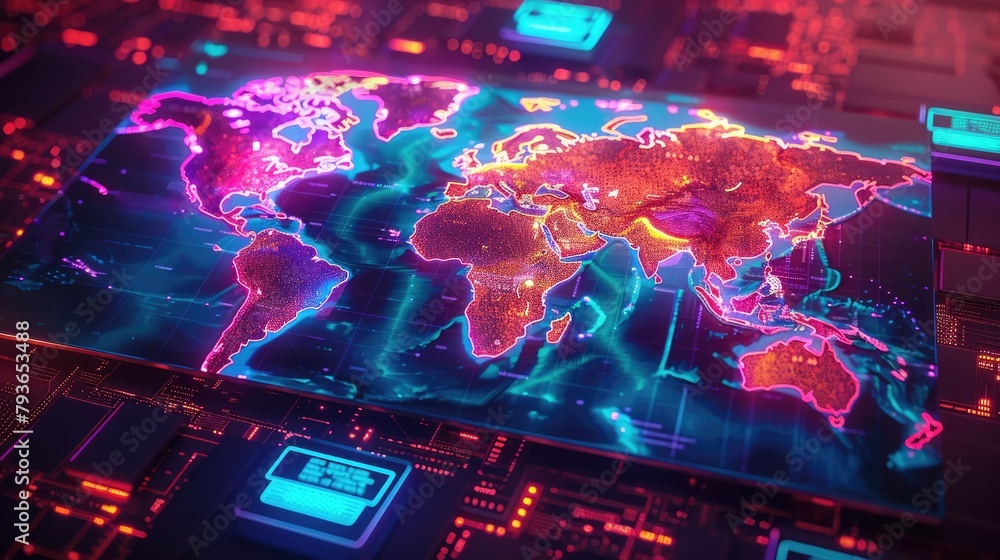 Global Tech Hub World Map with Laptops and Tech Icons Stock ...