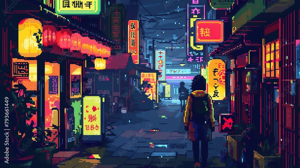 Dynamic pixel art of a Japanese street at night, with a girl in a ...