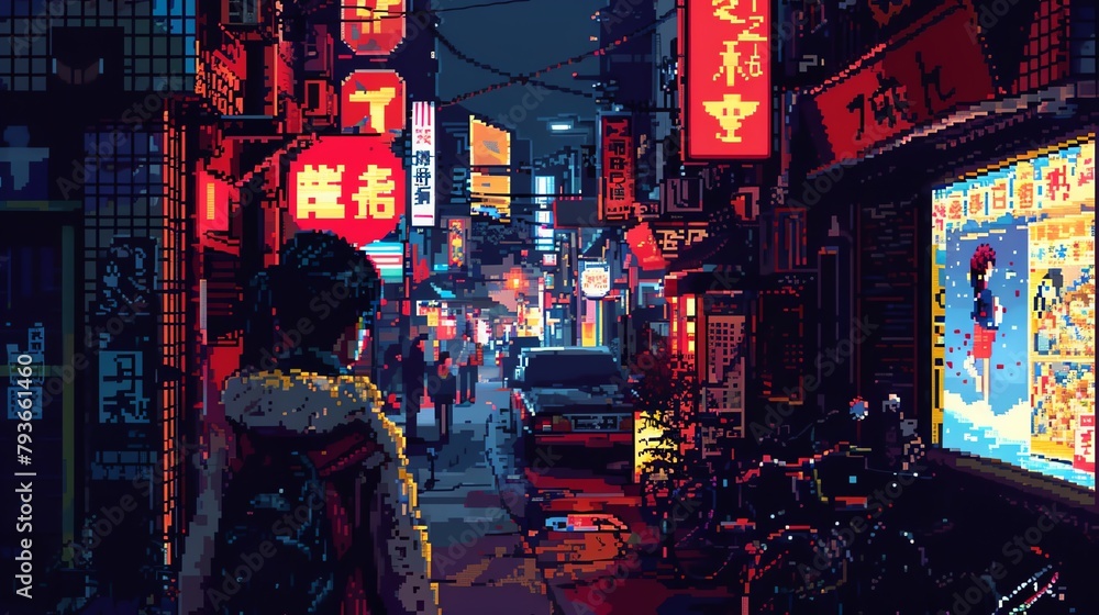 Dynamic pixel art of a Japanese street at night, with a girl in a ...
