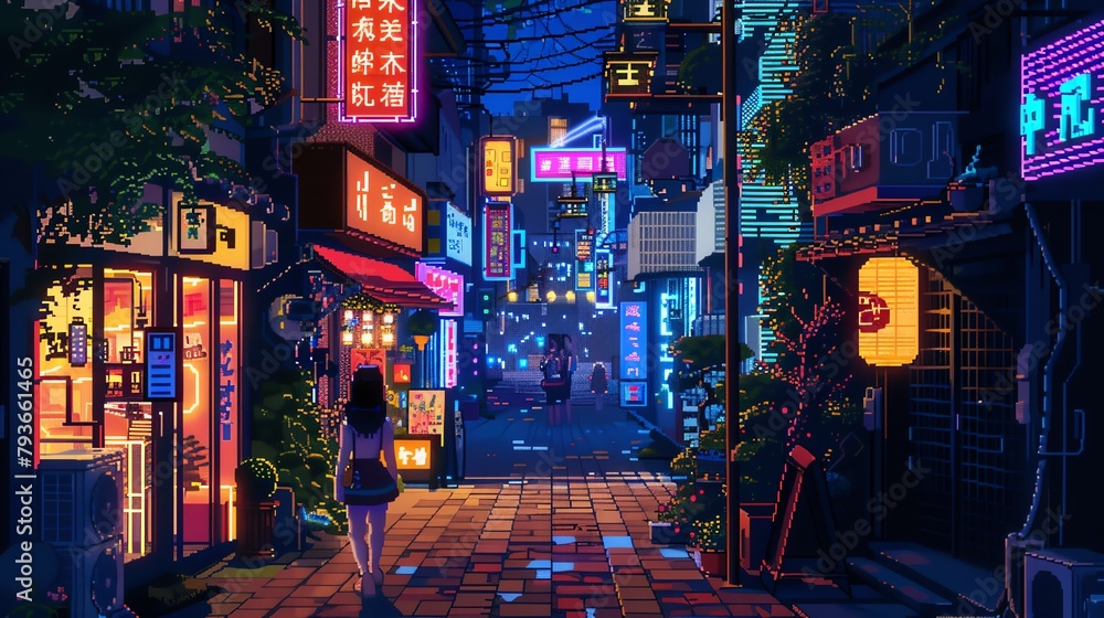 Dynamic pixel art of a Japanese street at night, with a girl in a ...