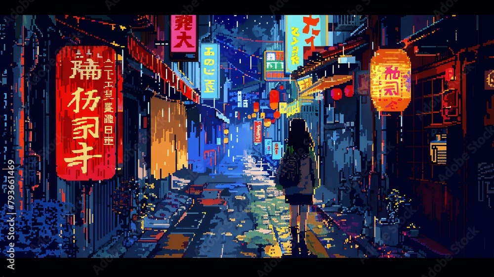 Dynamic pixel art of a Japanese street at night, with a girl in a ...