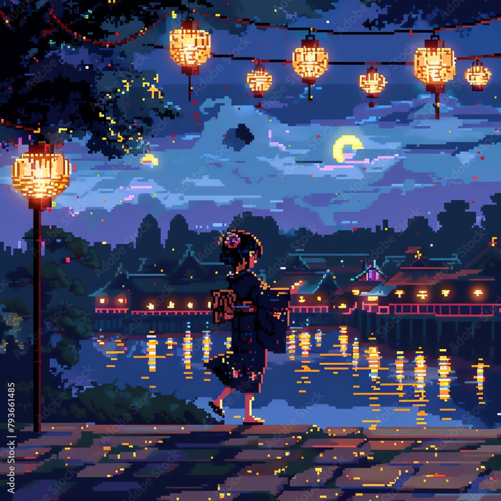 Festive pixel art scene of a Japanese girl participating in a dance at ...