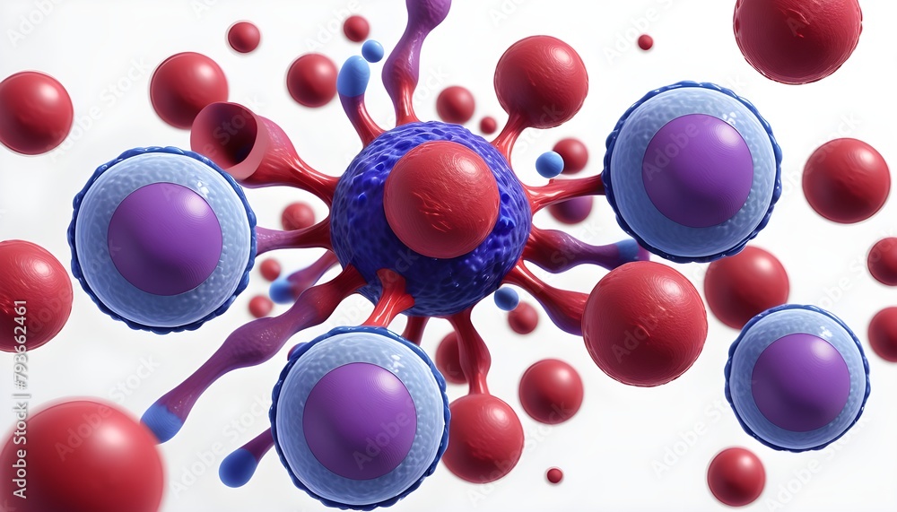 3D illustration of a blood clot with red blood cells (red discs), white ...