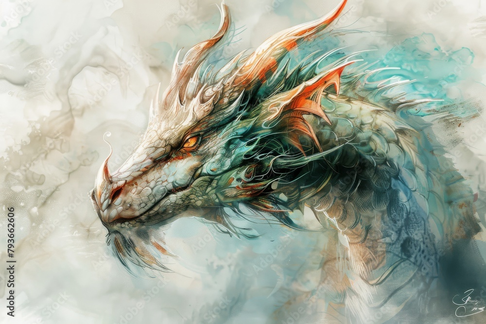 A dragon with a blue and orange head is shown in a painting. The dragon ...