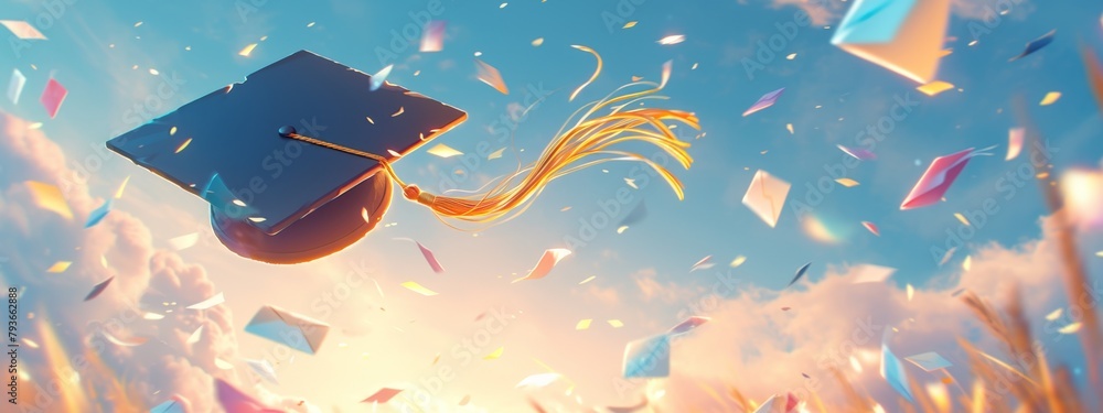 A black graduation cap with yellow tassels floats in the blue sky with ...