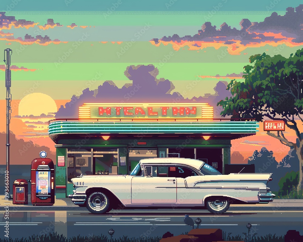Retro pixel art 1950s American diner, classic cars, jukebox, and ...