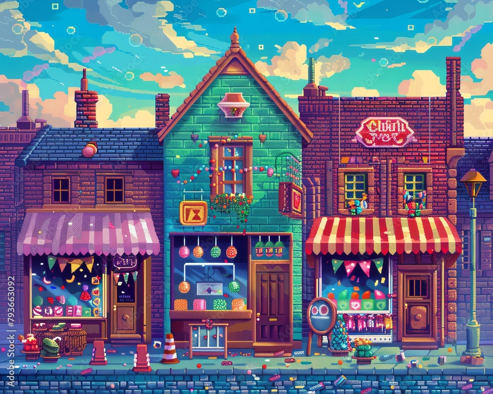 Retro pixel art candy shop, colorful sweets, kids, and whimsical decorations Stock Illustration ...