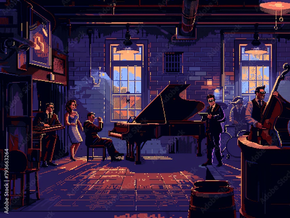 Retro pixel art Prohibition-era speakeasy, secret entrance, flapper ...
