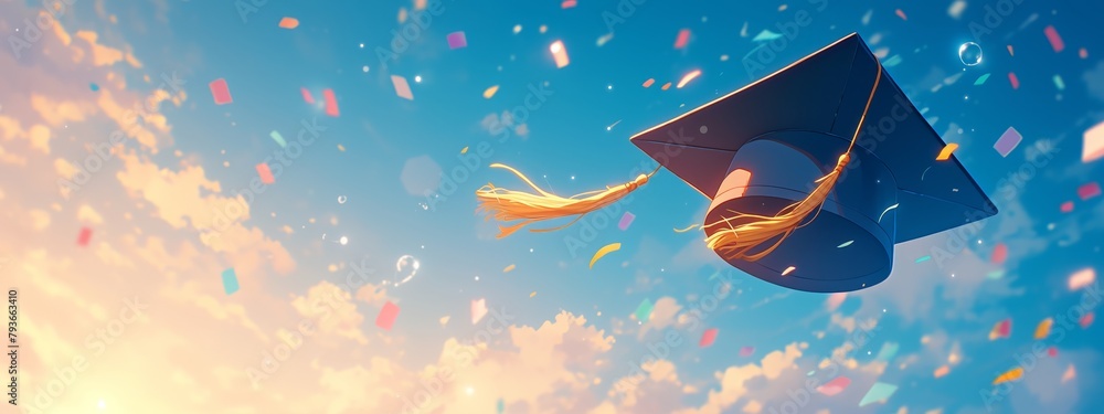 A black graduation cap with yellow tassels floats in the blue sky with ...