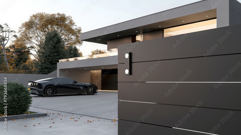 a modern gray high-tech fence surrounding a millionaire's house, in a ...