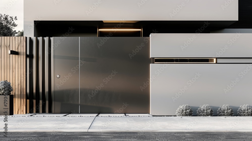 a modern gray high-tech fence surrounding a millionaire's house, in a ...