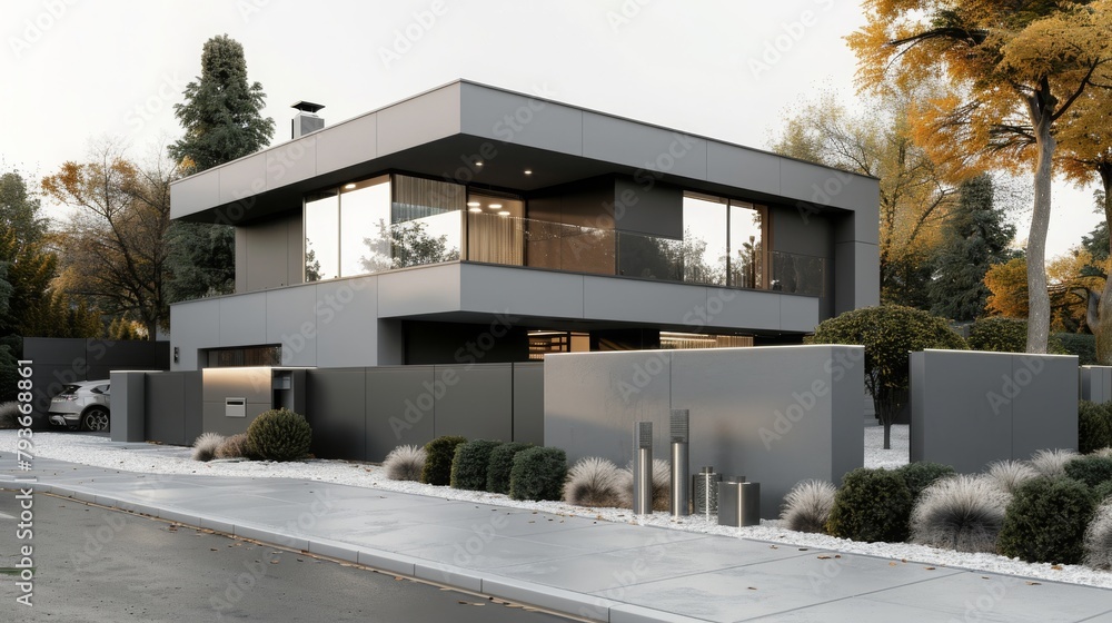 a modern gray high-tech fence surrounding a millionaire's house, in a ...