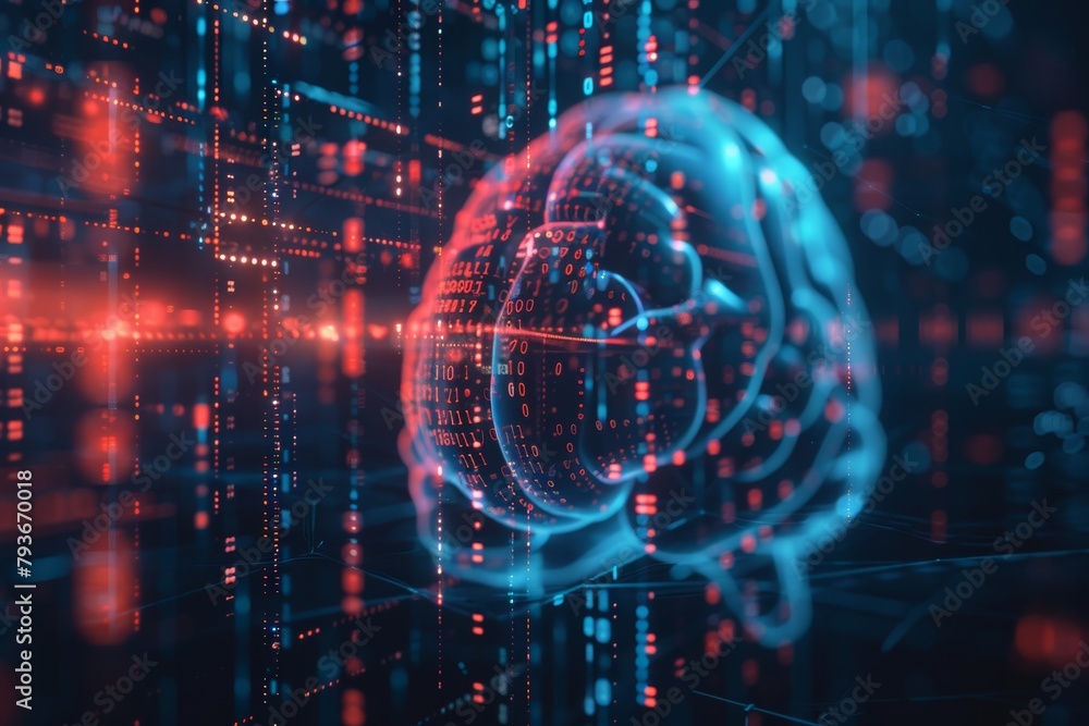 Abstract digital brain with binary code representing artificial ...
