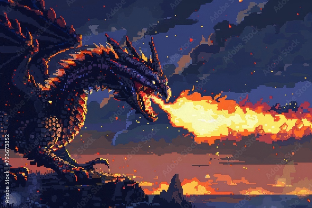 Fire-breathing pixel art dragon Stock Illustration | Adobe Stock