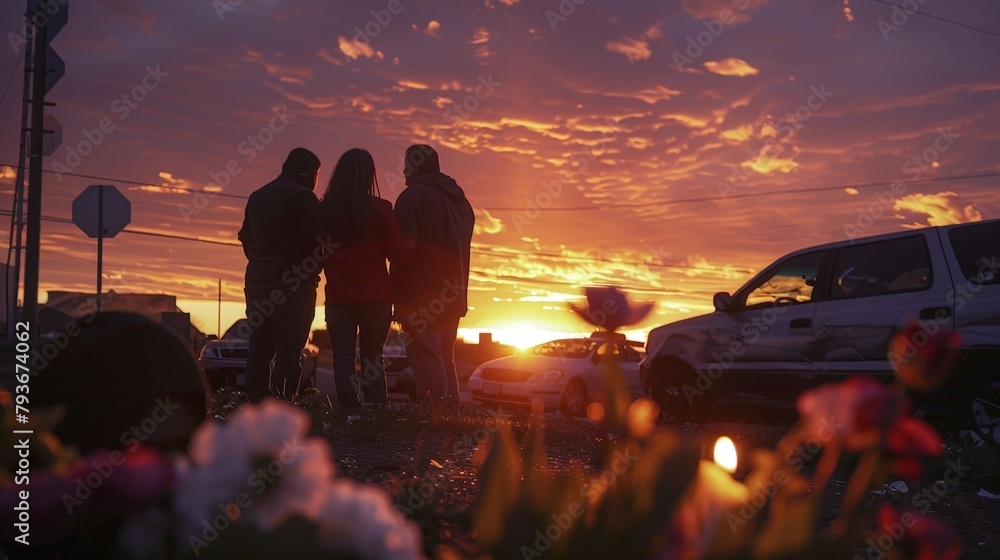 Against the backdrop of a somber sunset, the car crash aftermath ...