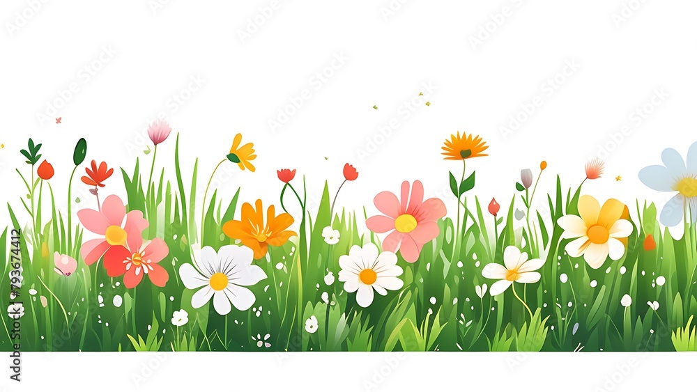 spring flowers in grass，Horizontal Cartoon Flower Border. Colorful ...