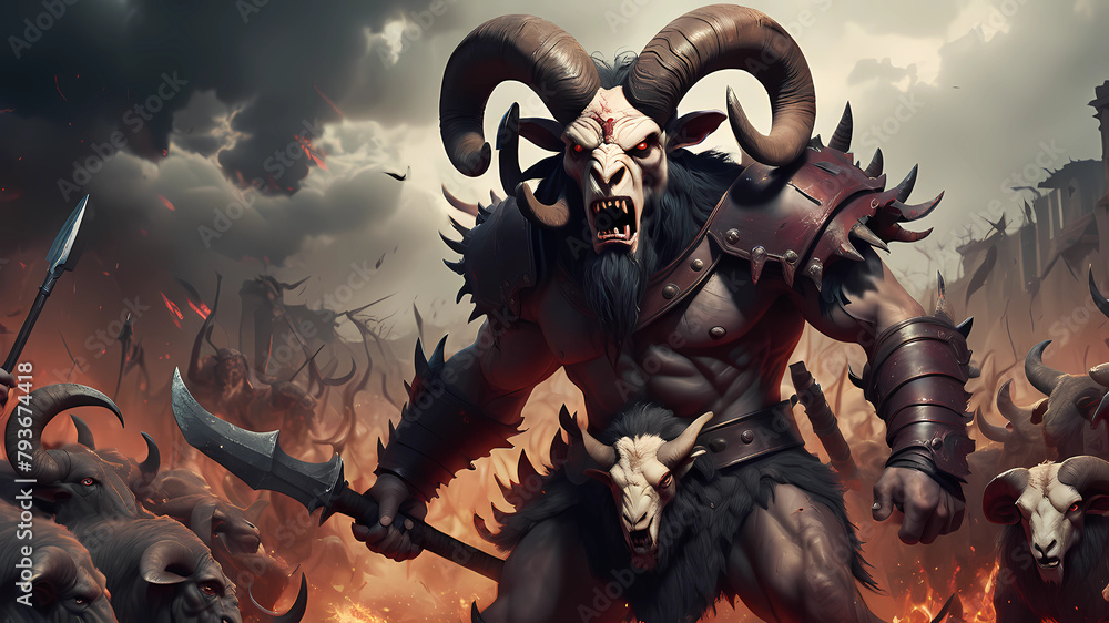 a monster warrior with the head of a ram, leading an army of demons to ...