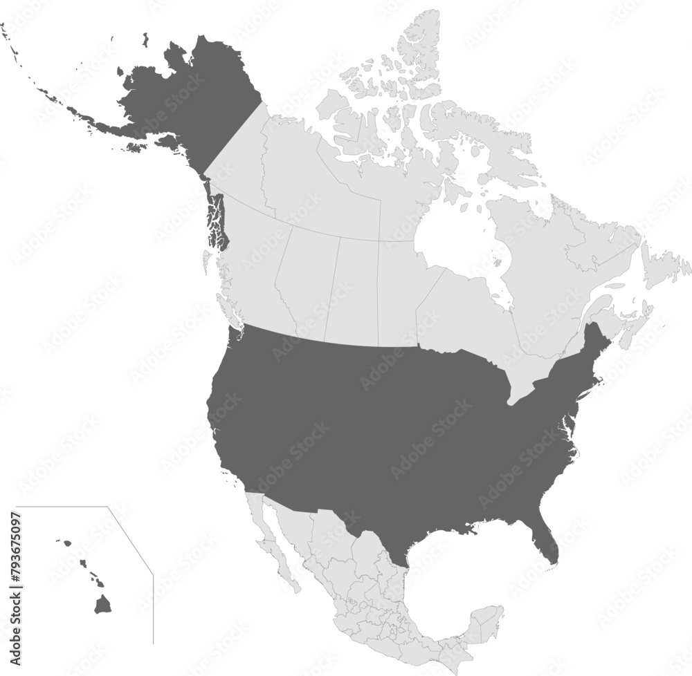 Dark grey detailed blank political map of the UNITED STATES with black ...