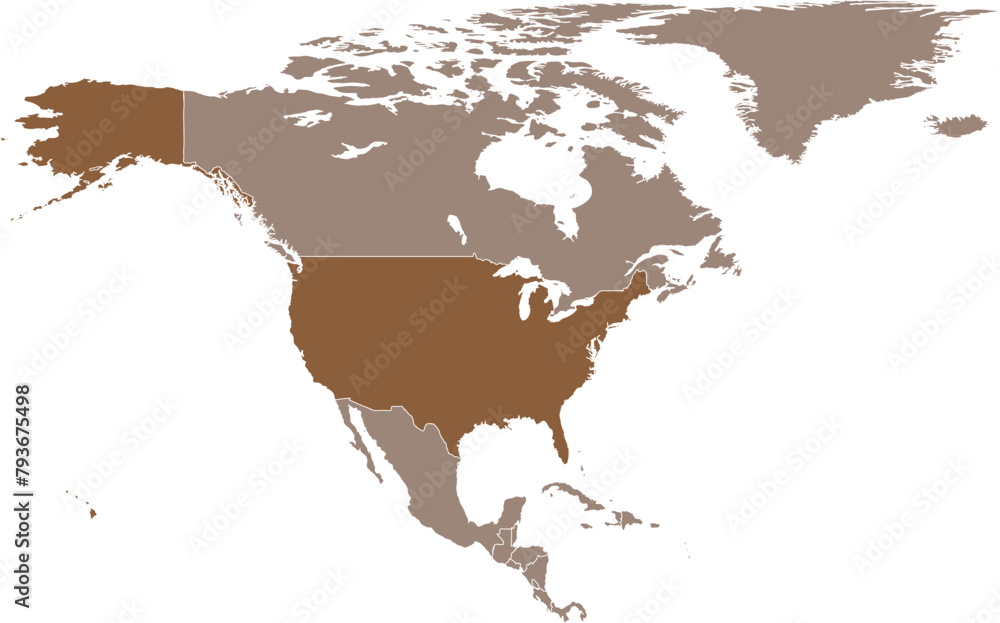 Dark brown detailed blank political map of the UNITED STATES on ...