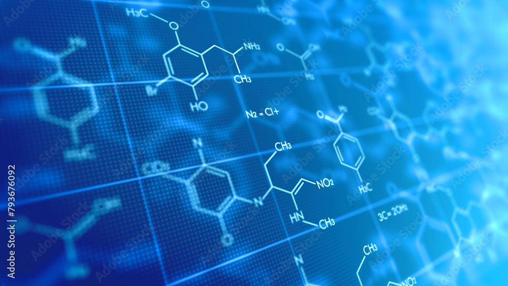 Blue background with chemical structures and symbols, high resolution ...