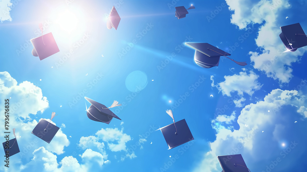 Graduation caps flying high in blue sky with sunlight, commencement day ...