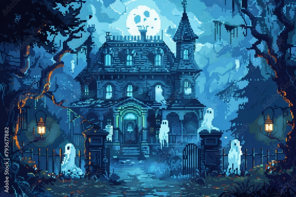 Pixel art of a haunted mansion with creepy pixel ghosts. Stock Illustration | Adobe Stock