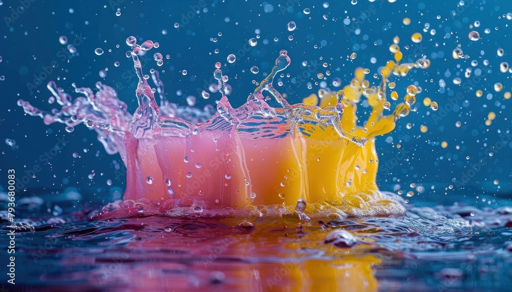 Pink and yellow liquid font splashes into water pool creating vibrant ...