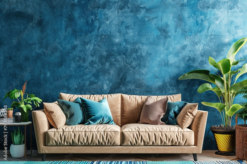 Modern cozy living room and blue wall texture background interior ...