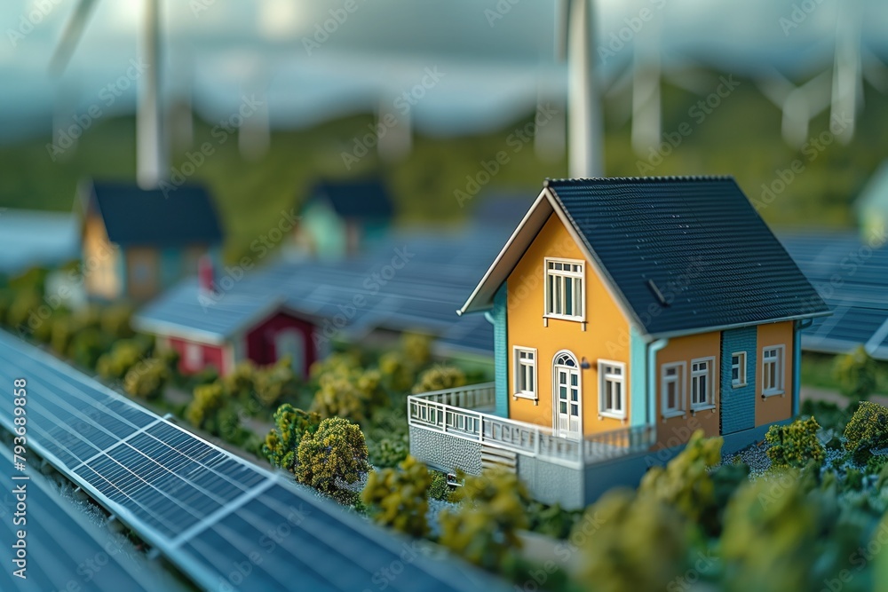 A landscape with wind turbines and solar panels generating clean, renewable energy, illustrating ...