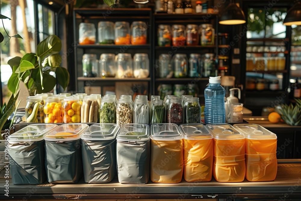 A lineup of eco-friendly packaging materials like biodegradable ...