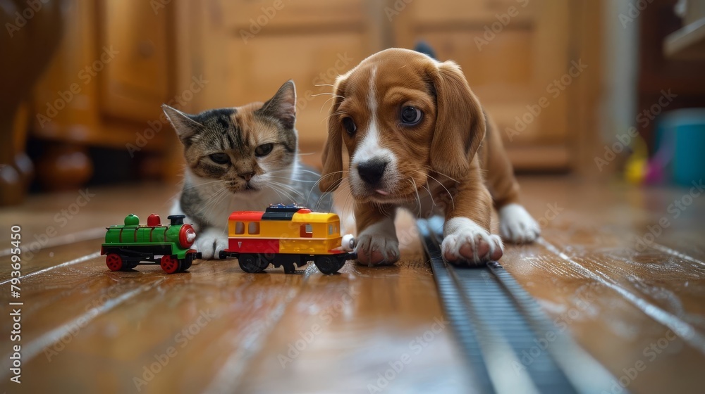 A mischievous Beagle puppy yanks a colorful toy train across the floor ...
