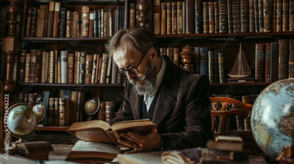 Historian of science in a library setting, brought into a studio ...