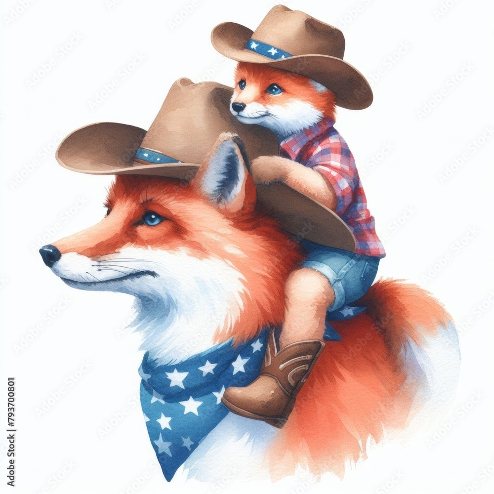 Fox Father and Son. Patriotic with American Flag. Watercolor 4th July ...