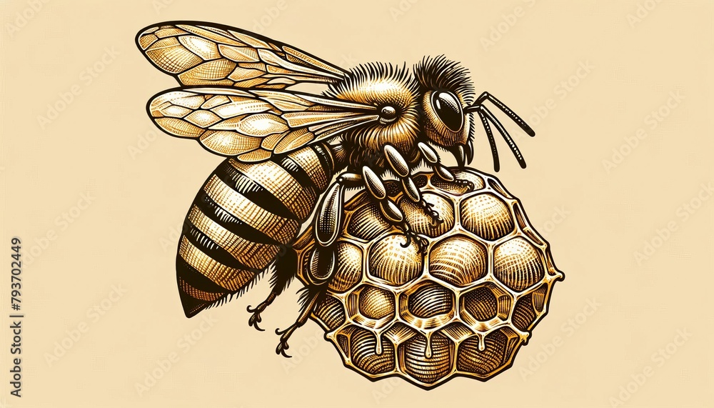 A drawing of a bee with a honeycomb in its mouth, Honey Bee, spring ...