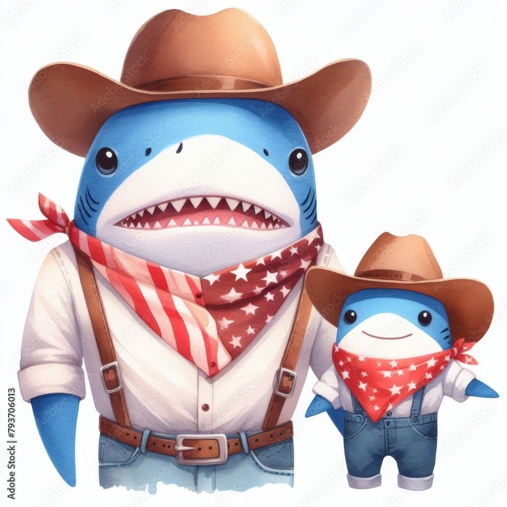 Shark Father and Son. Patriotic with American Flag. Watercolor 4th July ...