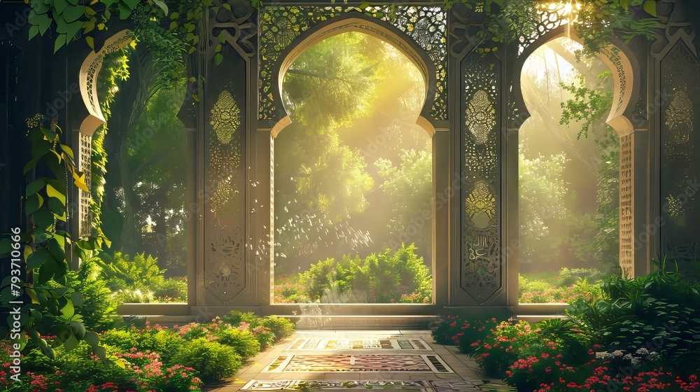 Conceptual Islamic background with verses from the Quran and a peaceful ...