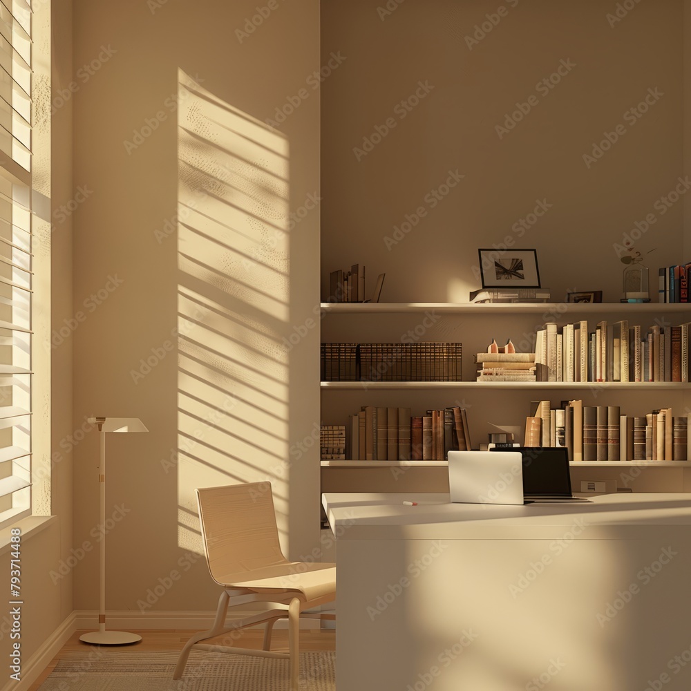 Minimalist home office with white desk, furniture work,books, light ...
