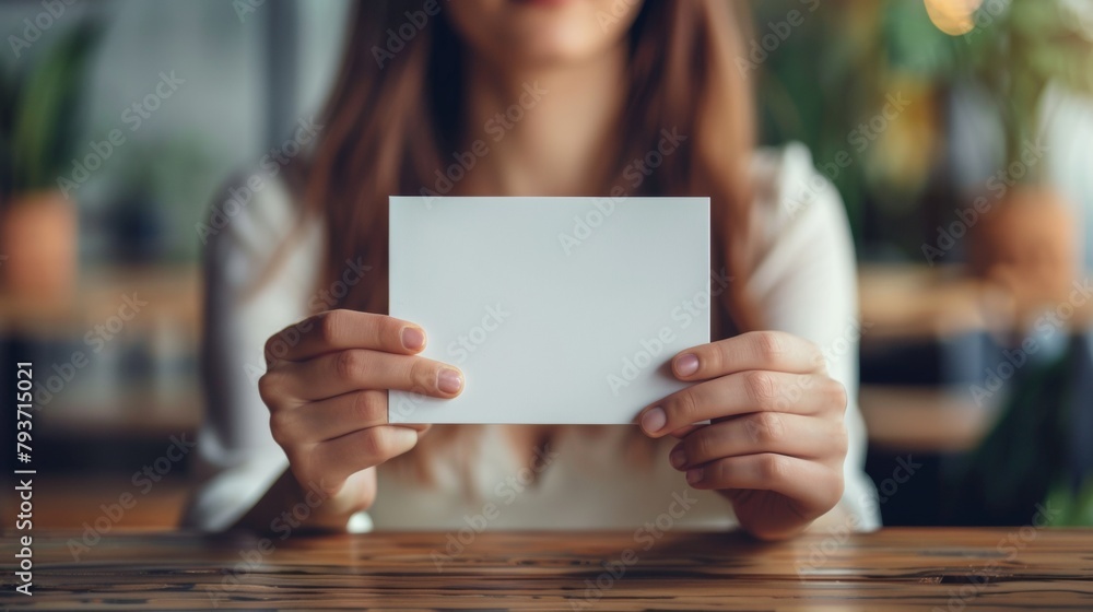 greetings card stood up on table, woman hand holding this card, blur ...