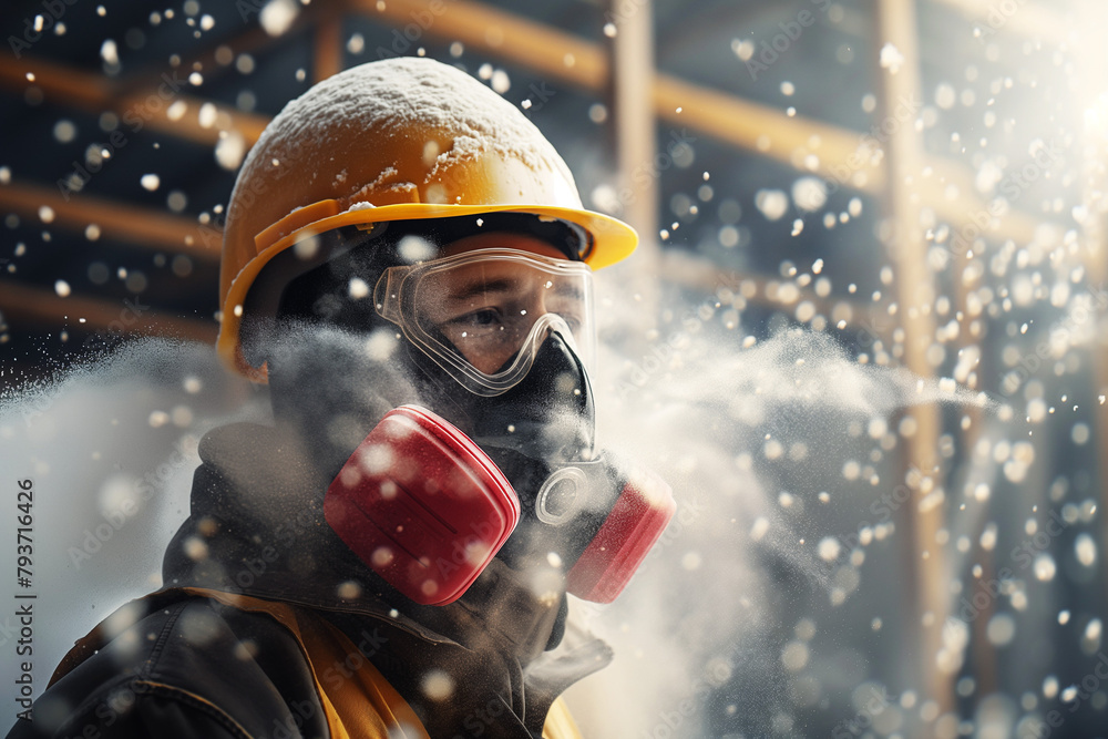 Professional construction worker wearing a dust mask in construction ...