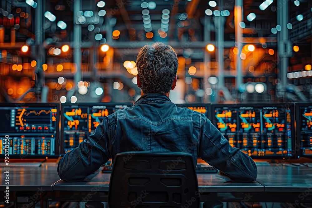 Rear view technical controller at workstation with multiple displays ...