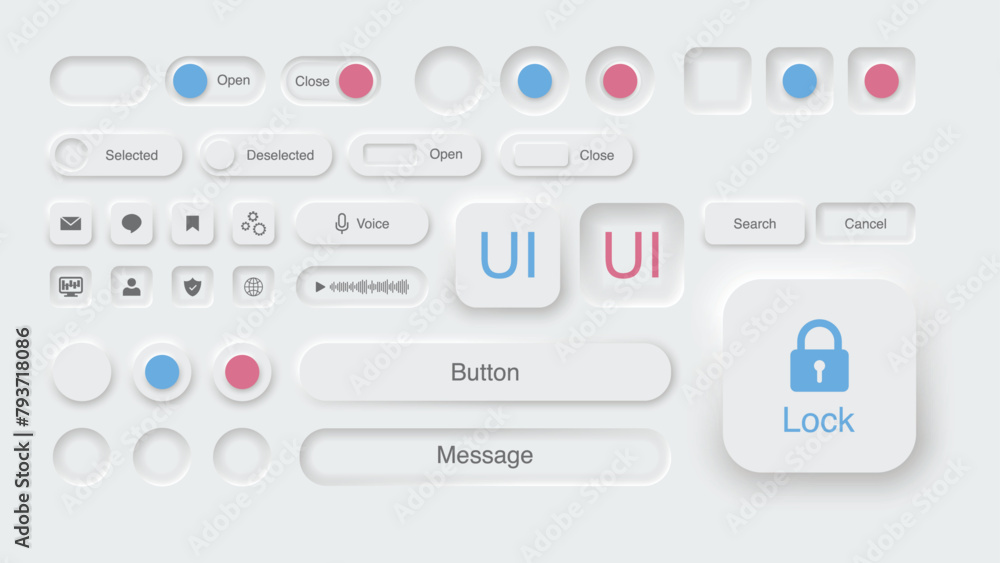 White color and Neomorphism design style buttons. User Interface UI ...