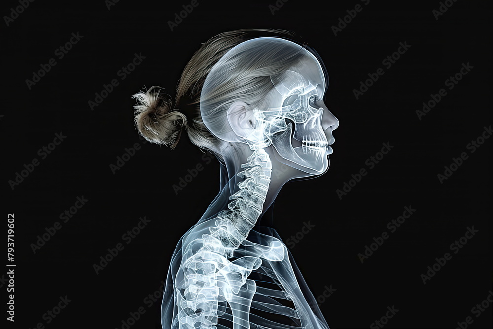 X-ray of the woman's head and neck, backbone. Skeleton bones. Profile ...
