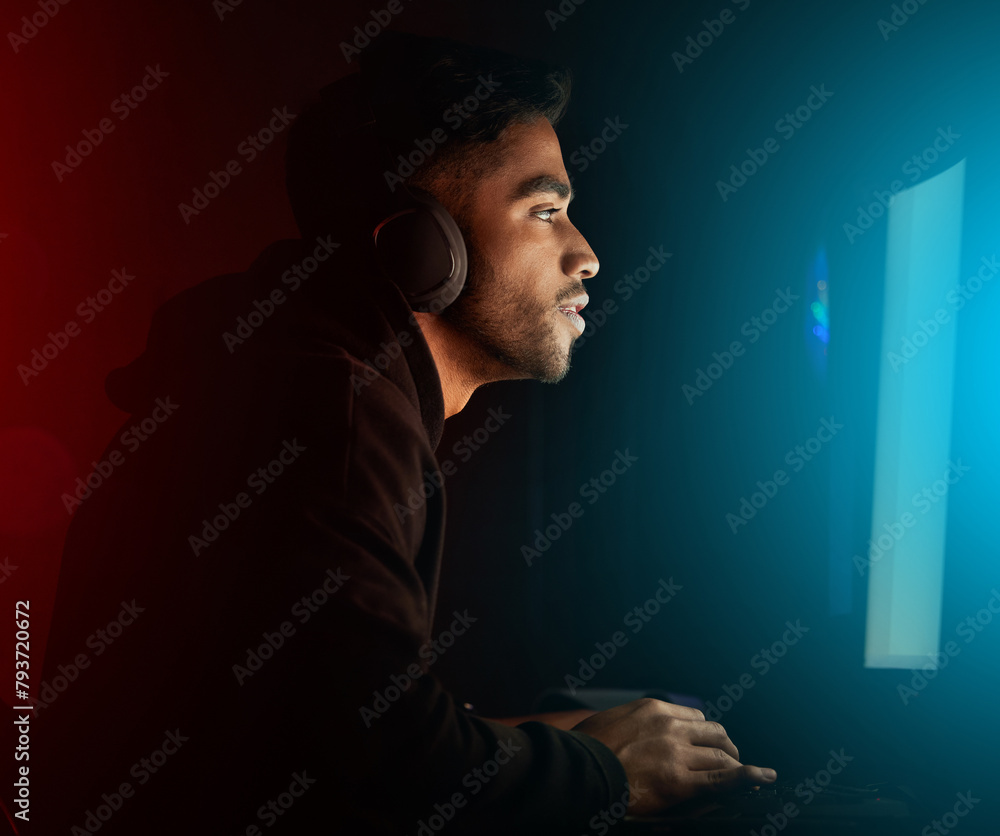 Gaming, pc and man in pro esports competition with online video games ...