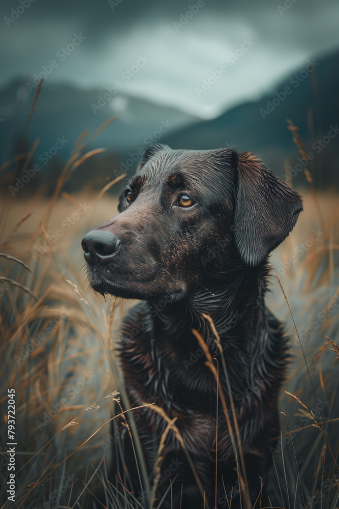 the dog is in the grass, in the style of kodak portra, mountainous ...