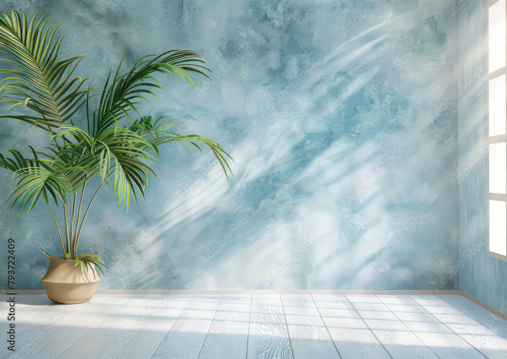 Light blue studio background with tropical plant. Empty room with a ...
